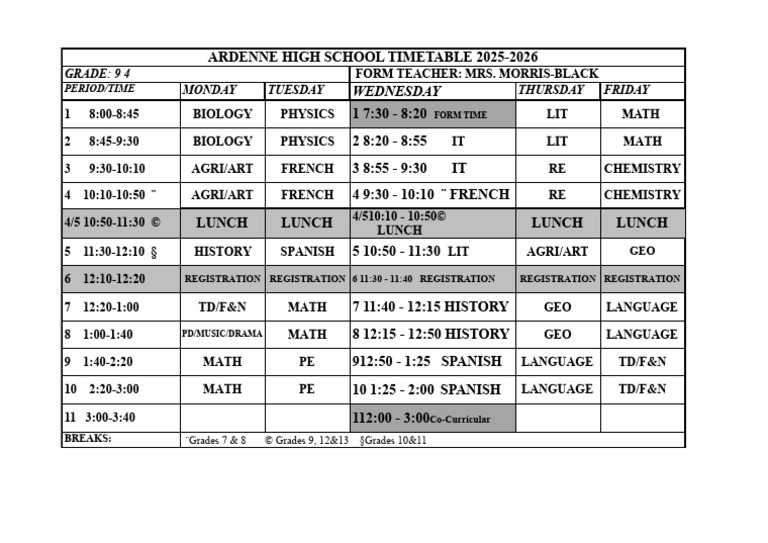 Grade 9 Form Timetables 2025-26 | PDF