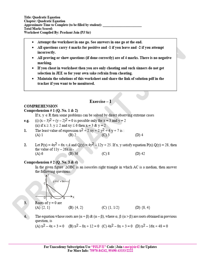 Worksheet - 9 Quadratic Equation | PDF | Equations | Mathematical Concepts