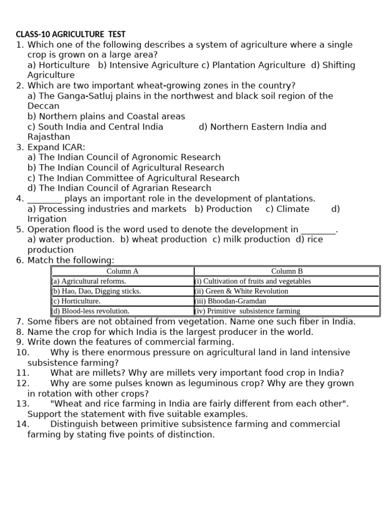 Class 10 Agriculture Test Questions | PDF