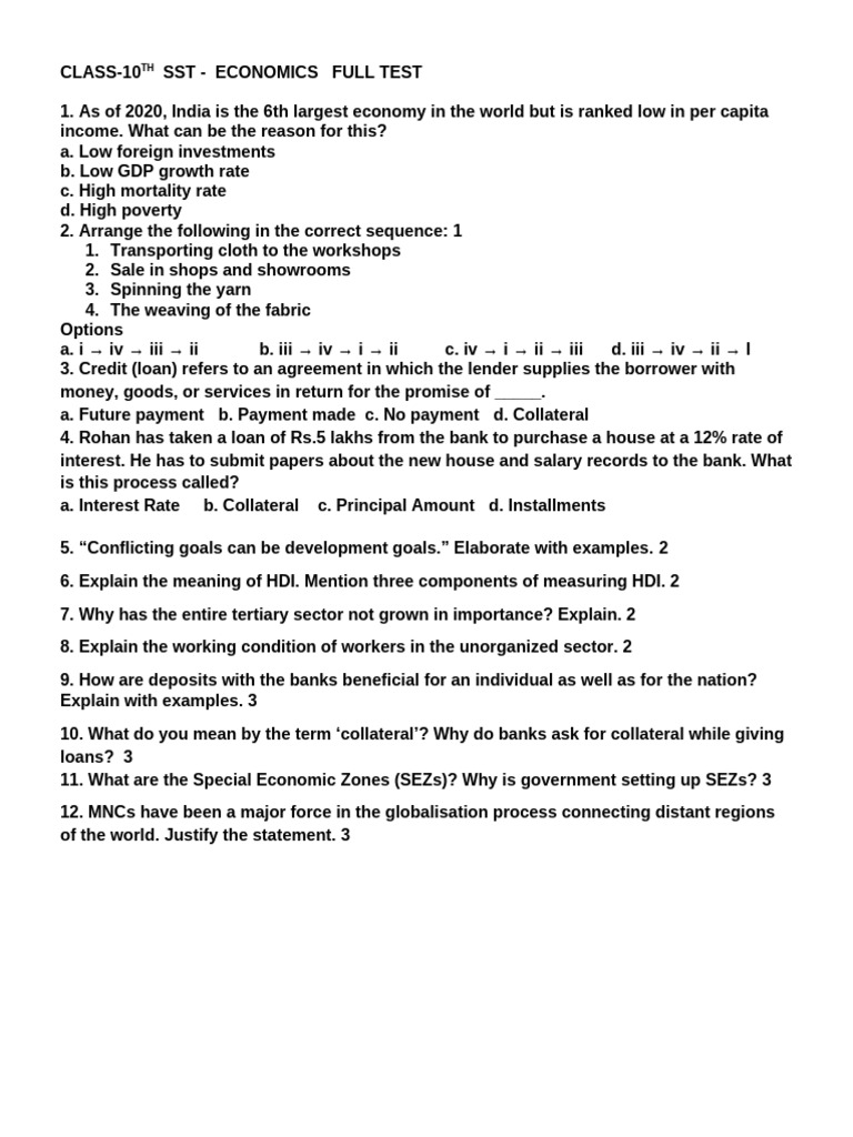 Class 10 Economics Full Test Questions | PDF