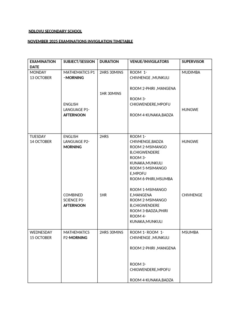 November 2025 Zimsec Timetable For Ndlovu-1 | PDF