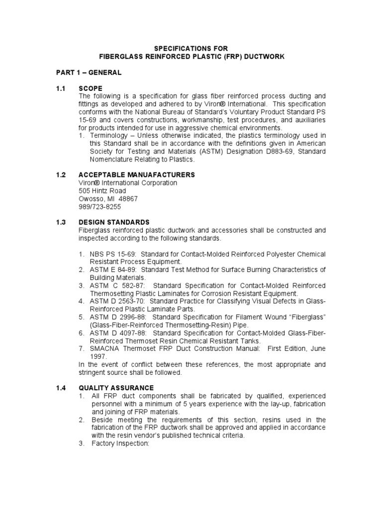 Specification For FRP Duct | PDF | Duct (Flow) | Fiberglass