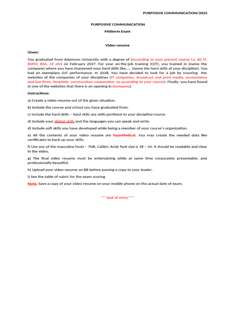 2025_midterm Exam Question_video Resume(1) | PDF