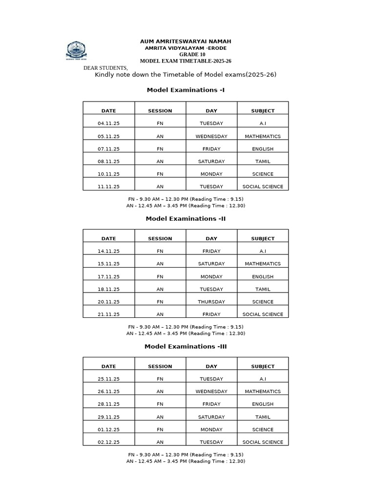 GR 10 Model Exam Time Table | PDF