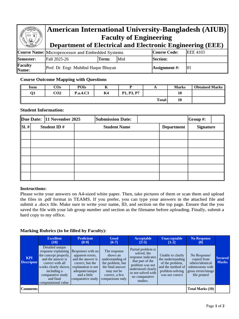 Assignment Mid1 MES Fall 2025-26 | PDF | Microcontroller | Integrated Circuit