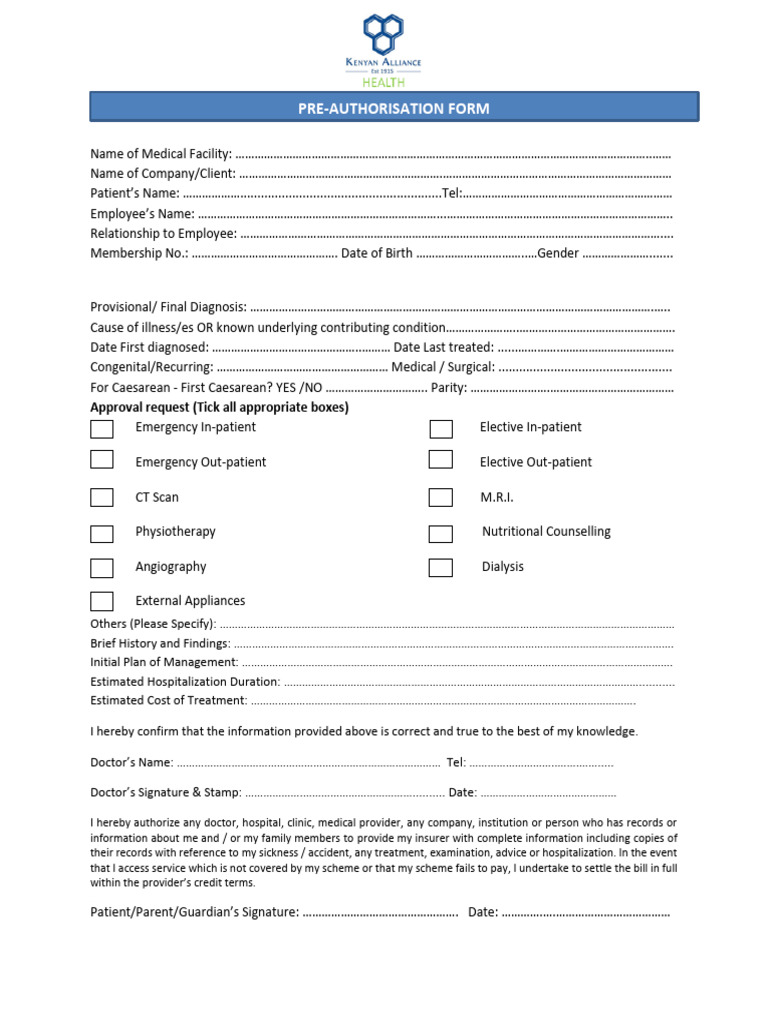Kenyan Alliance Insurance Pre-Authorization Form | PDF | Hospital ...