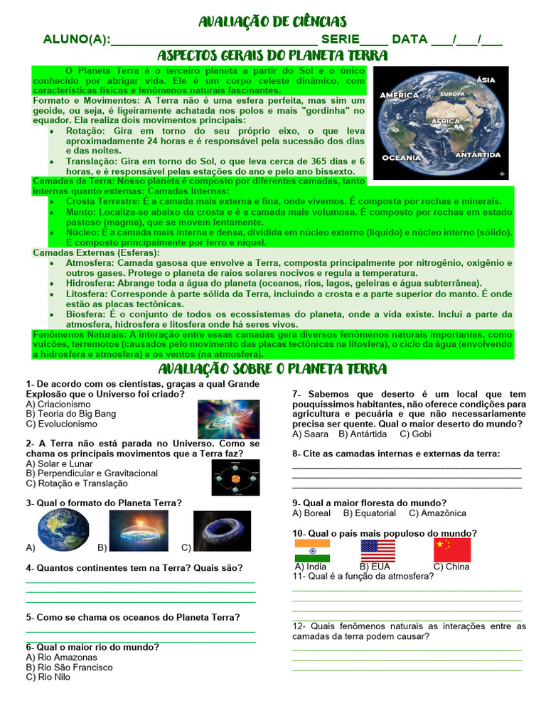 Aula 04,05,06 - Atividade Sobre Características Do Planeta Terra | PDF | Terra | Planetas