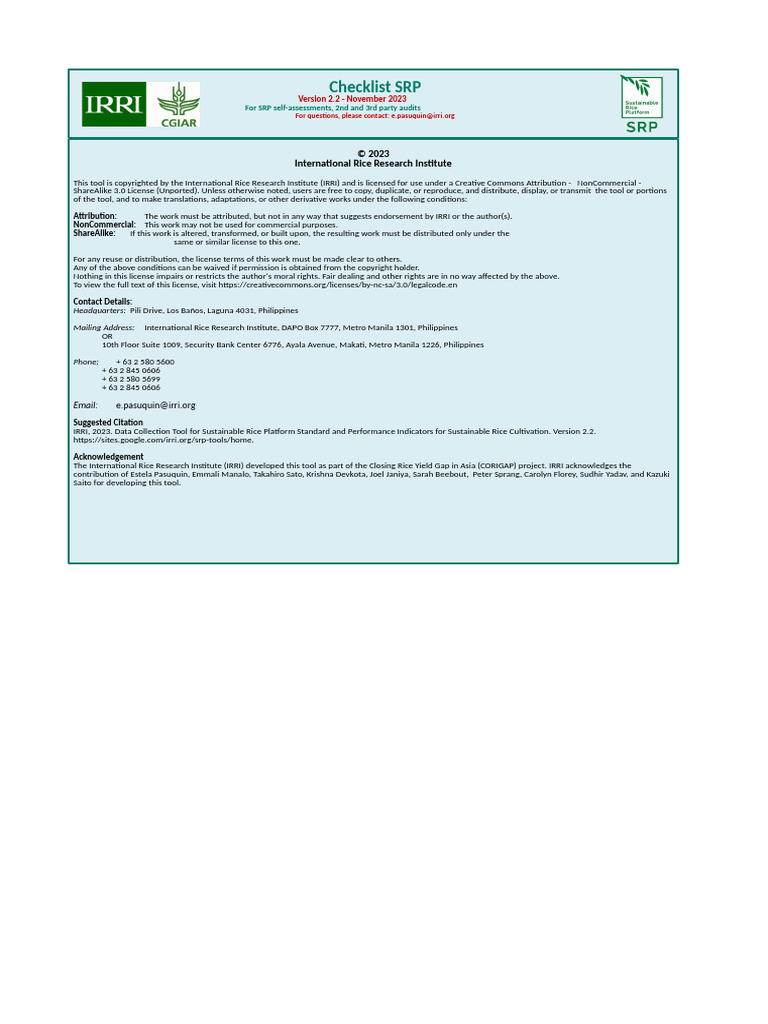 050 SRP Data Collection Tool for Farm Checklist and PIs V2.2 | PDF ...