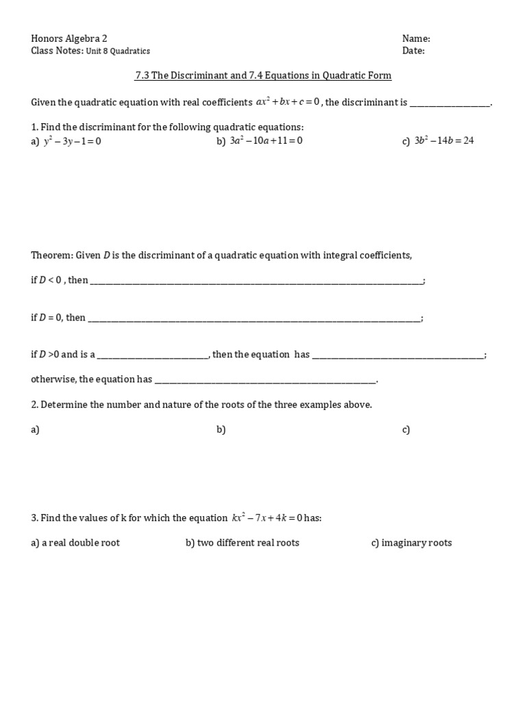 HA2_ 7.3 the Discriminant and 7.4 Quadratic Form | PDF | Quadratic Equation | Equations