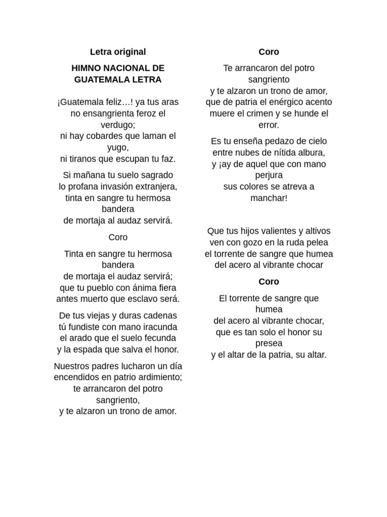 Himno Nacional de Guatemala Letra Antiguo | PDF