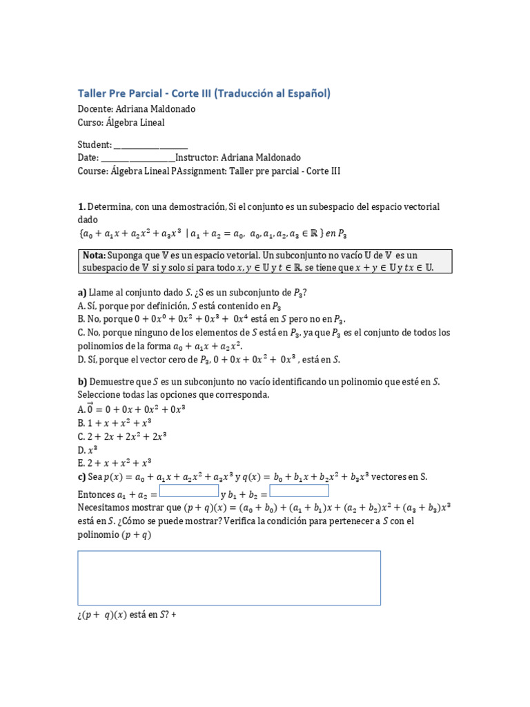 Taller pre parcial - Corte III-Algebra_Español | PDF | Base (álgebra lineal) | Espacio vectorial