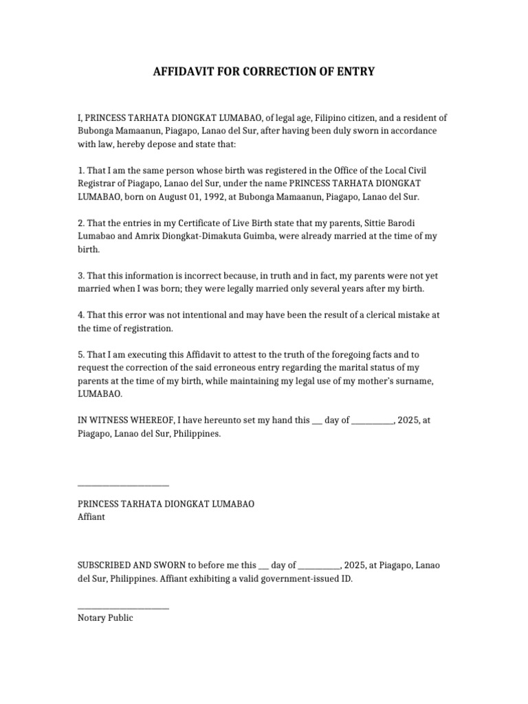 Affidavit For Correction of Entry | PDF