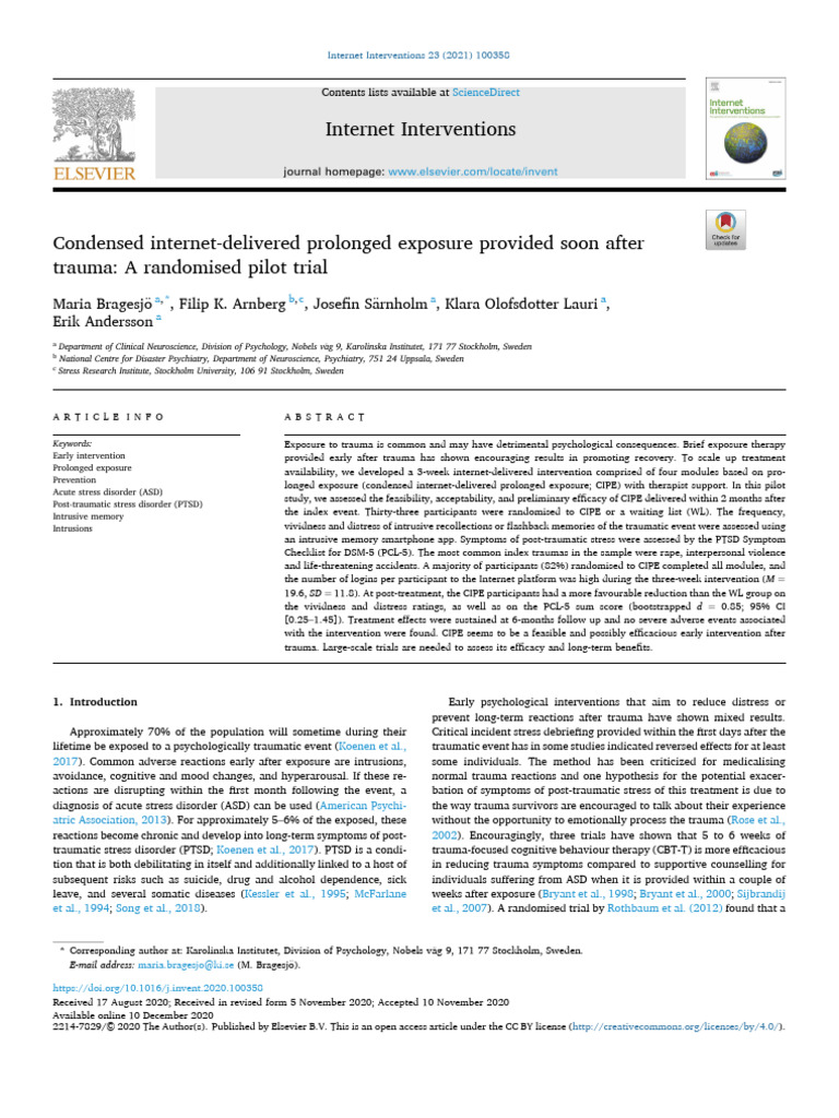 Internet-delivered Trauma Therapy Pilot | PDF | Psychological Trauma ...