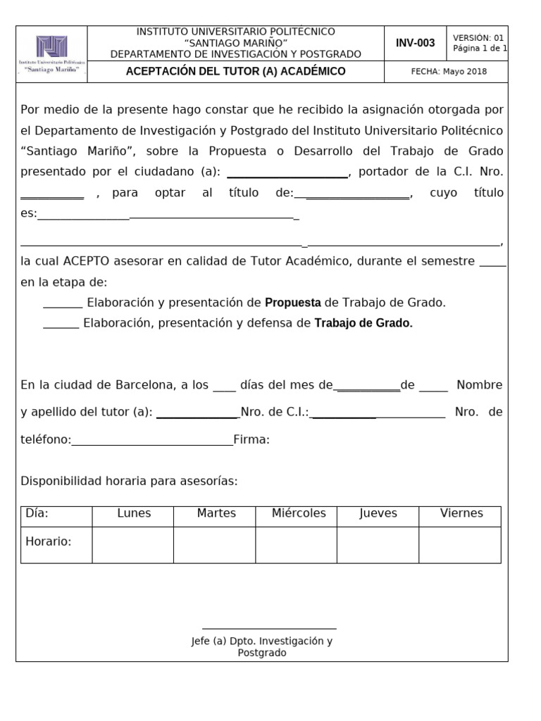For Inv 003 Aceptacion Del Tutor Pi Tg Pdf