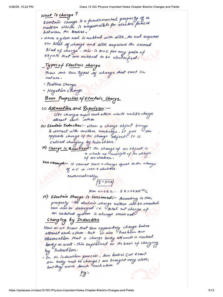 ISC Class 12 Physics: Electric Charges Notes | PDF
