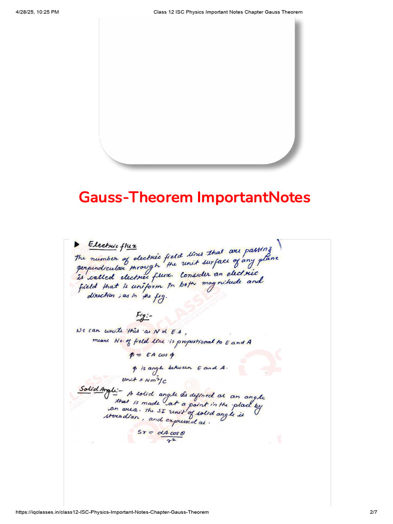 Class 12 ISC Physics Important Notes Chapter Gauss Theorem | PDF
