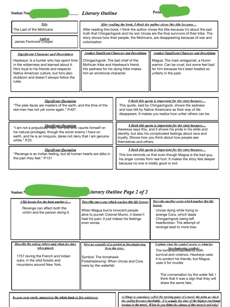 Last of the Mohicans Literary Outline Summary | PDF | The Last Of The ...