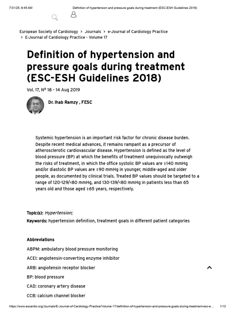 Definition of Hypertension and Pressure Goals During Treatment (ESC-ESH ...
