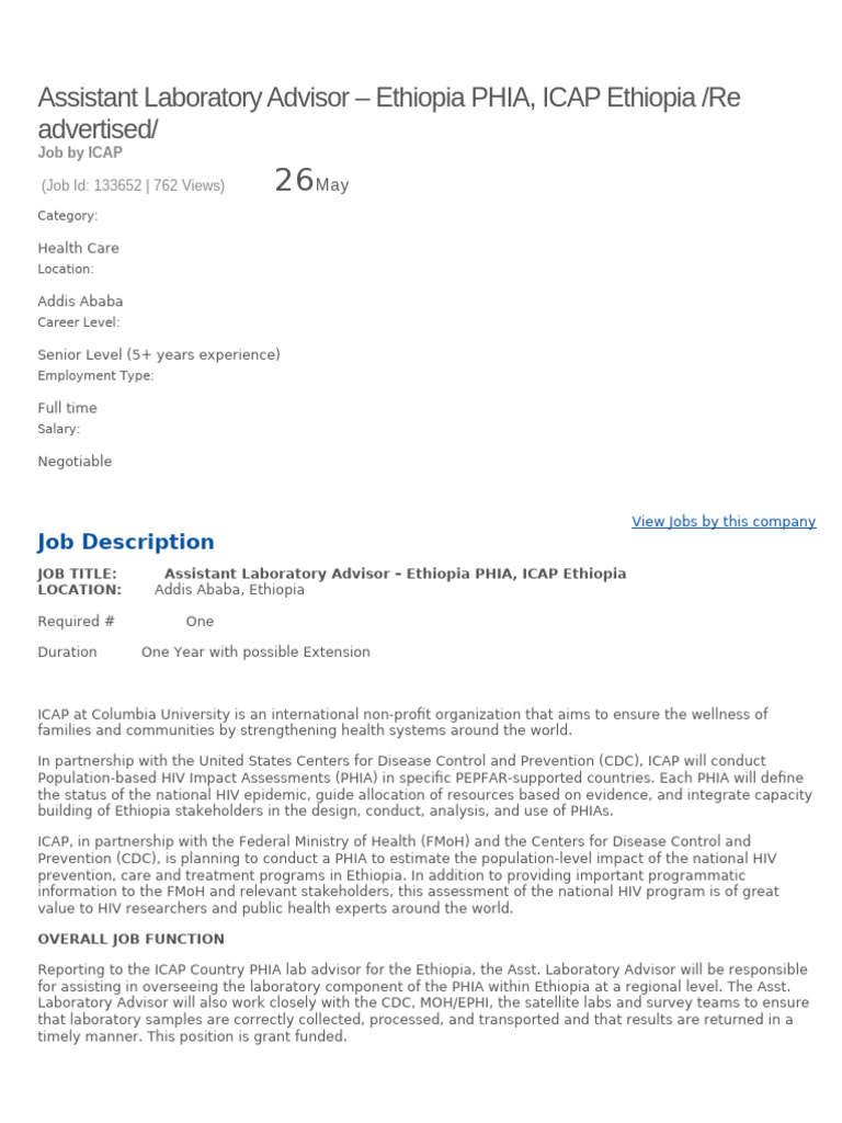Assistant Laboratory Advisor - Ethiopia PHIA | PDF | Laboratories ...