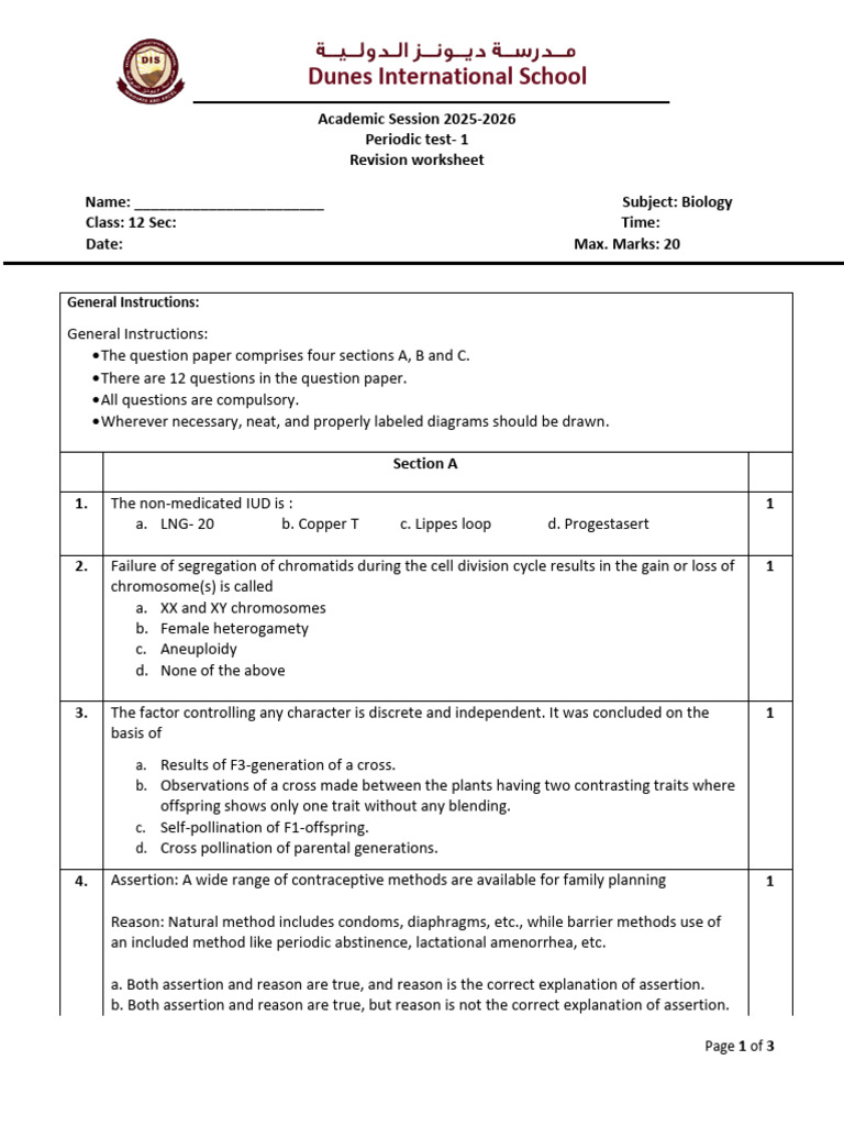 Biology Revision Worksheet Class 12 | PDF | Genetics | Biology