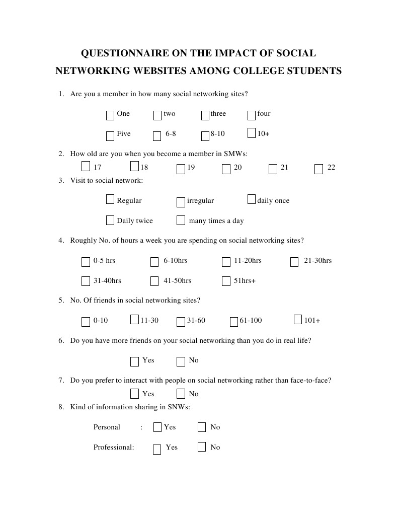 Questionnaire On The Impact of Social Networking Websites Among College ...