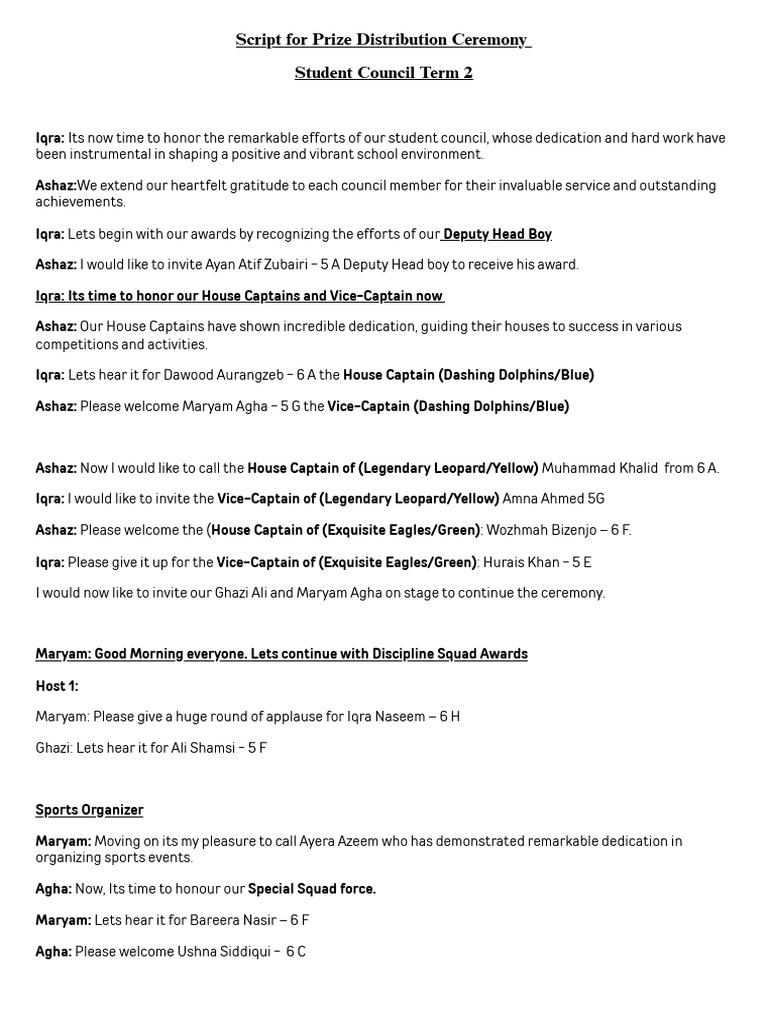 Script For Prize Distribution Ceremony Term 2 | PDF