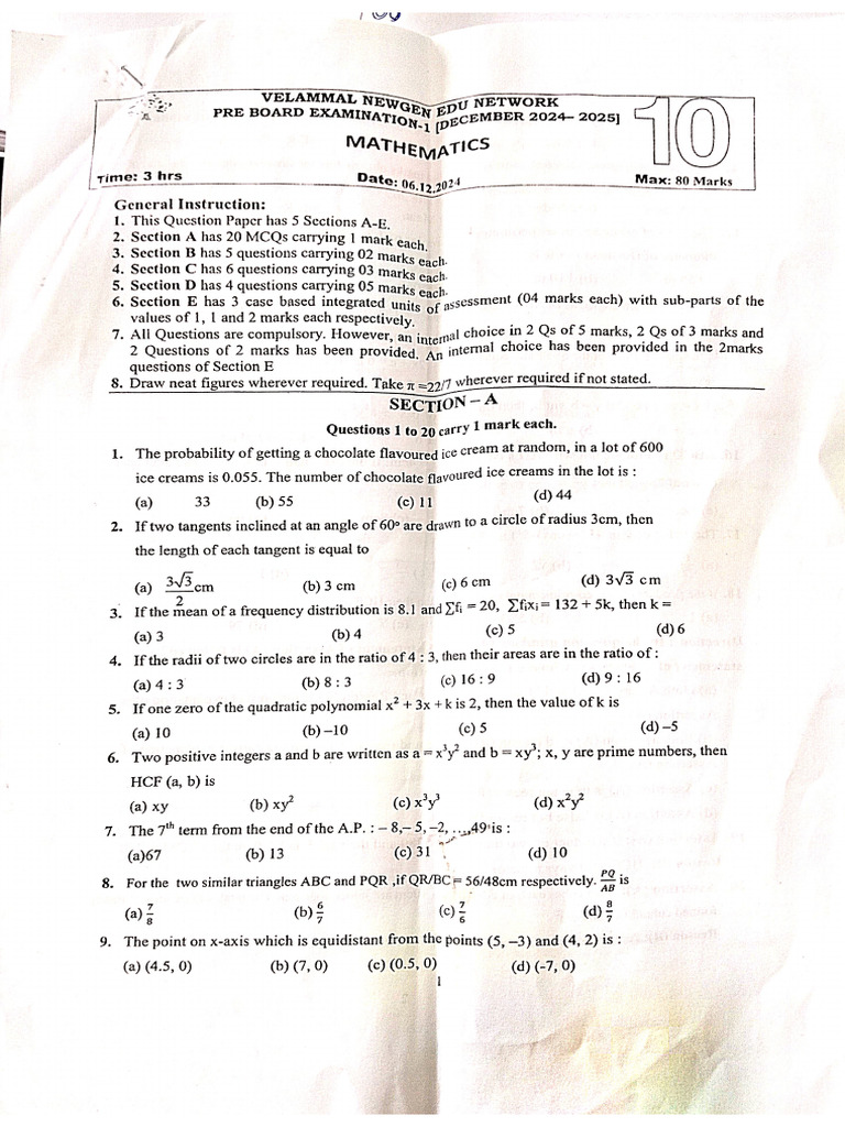 Pre Board 1 Maths QP 2024-25 | PDF