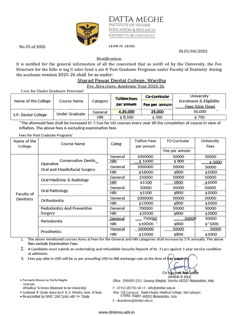 2025-26 Dental College Fee Structure | PDF | Health Sciences | Clinical ...
