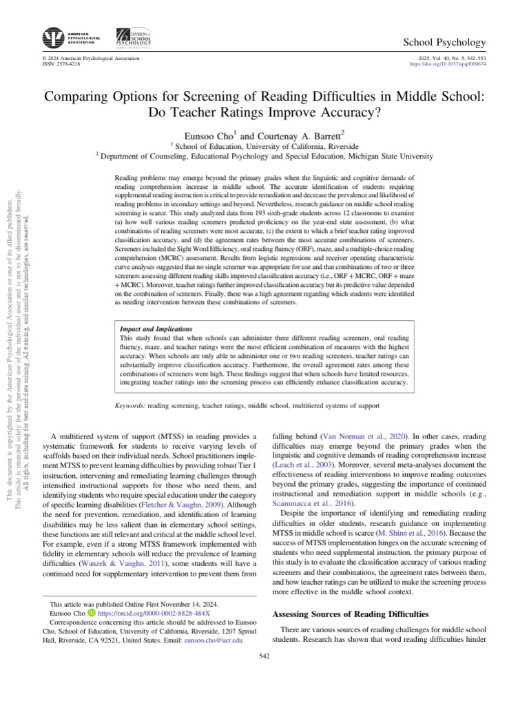Comparing Options For Screening of Reading Difficulties in Middle ...