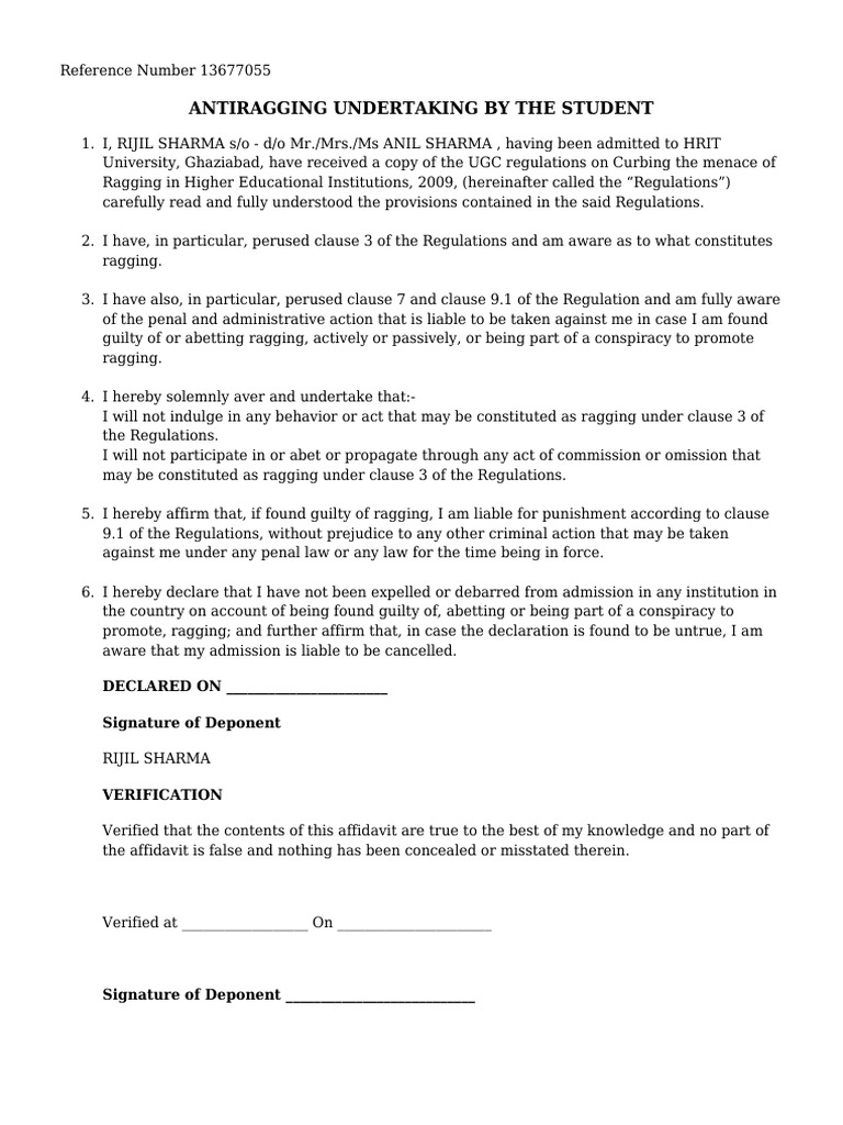 Anti Ragging Affidavit Form | PDF | Affidavit