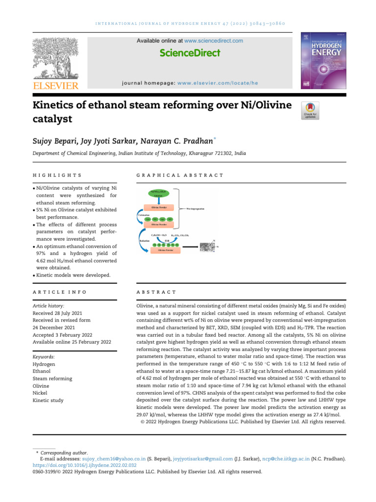 Kinetics of Ethanol Steam Reforming Over N - 2022 - International ...