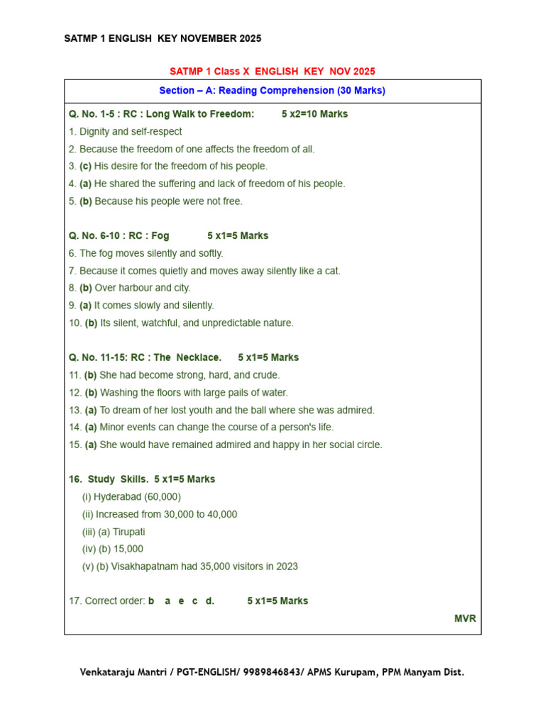 10th Class English SA 1 Key Paper | PDF