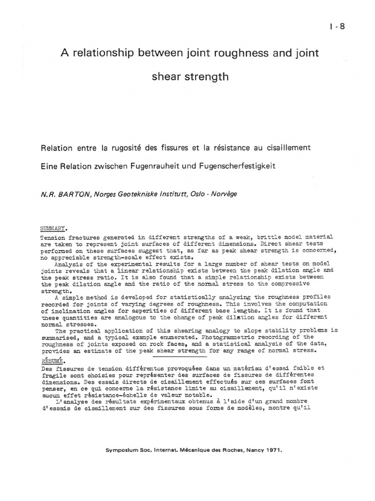 Barton-A Relationship Between Joint Roughness and Joint Shear Strength ...