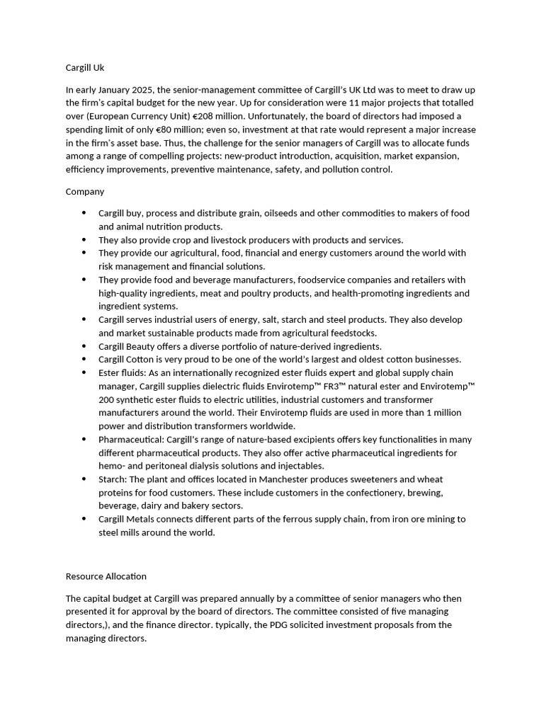 Cargill UK Capital Budgeting Overview | PDF | Capital Budgeting ...