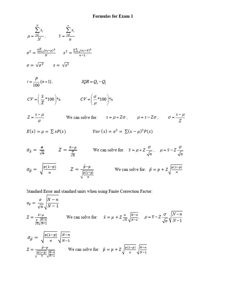 Formulae For Exam 1 | PDF