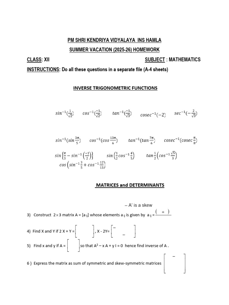 Holiday Homework Class Xii Math | PDF | Matrix (Mathematics ...