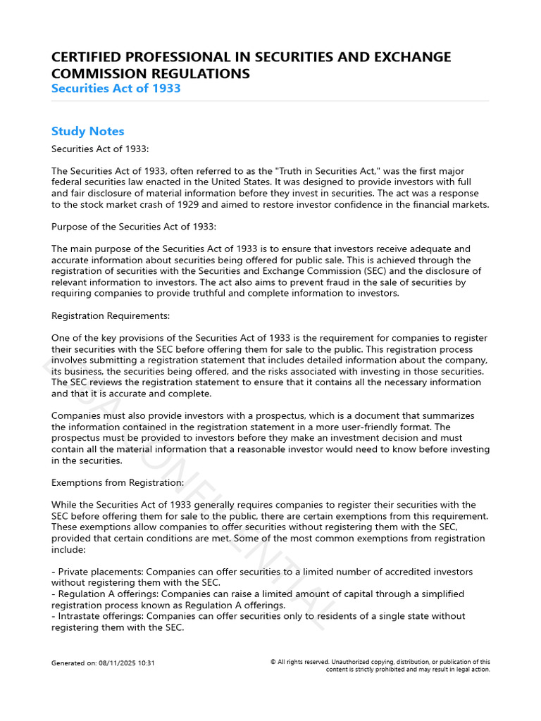 Securities Act of 1933 Study Notes | PDF | Securities Act Of 1933 | U.S ...