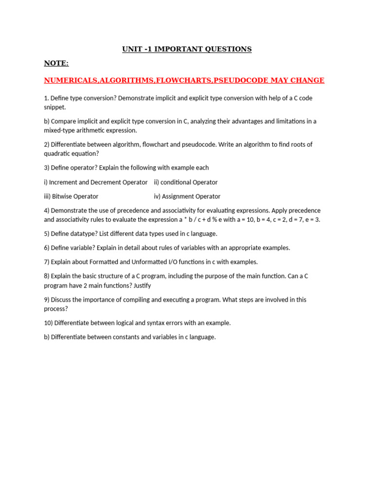 Mid1 - Unit 2 Important Questions | PDF | Computer Program | Programming