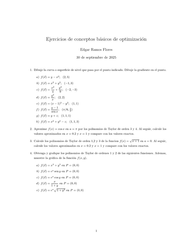 Ejercicios de Conceptos B Asicos de Optimizaci On: Edgar Ramos Flores 30 de Septiembre de 2025 | PDF