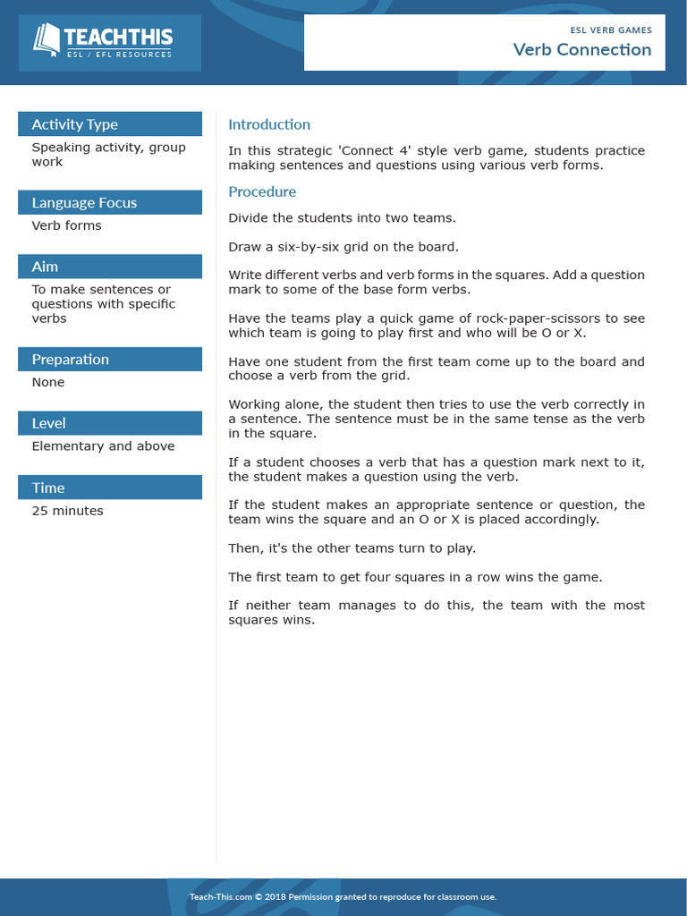 Connect 4 Verb Game for ESL Students | PDF