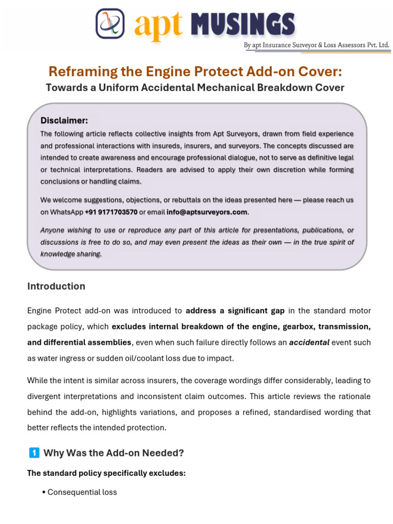 Standardizing Engine Protect Add-on Coverage | PDF | Insurance ...
