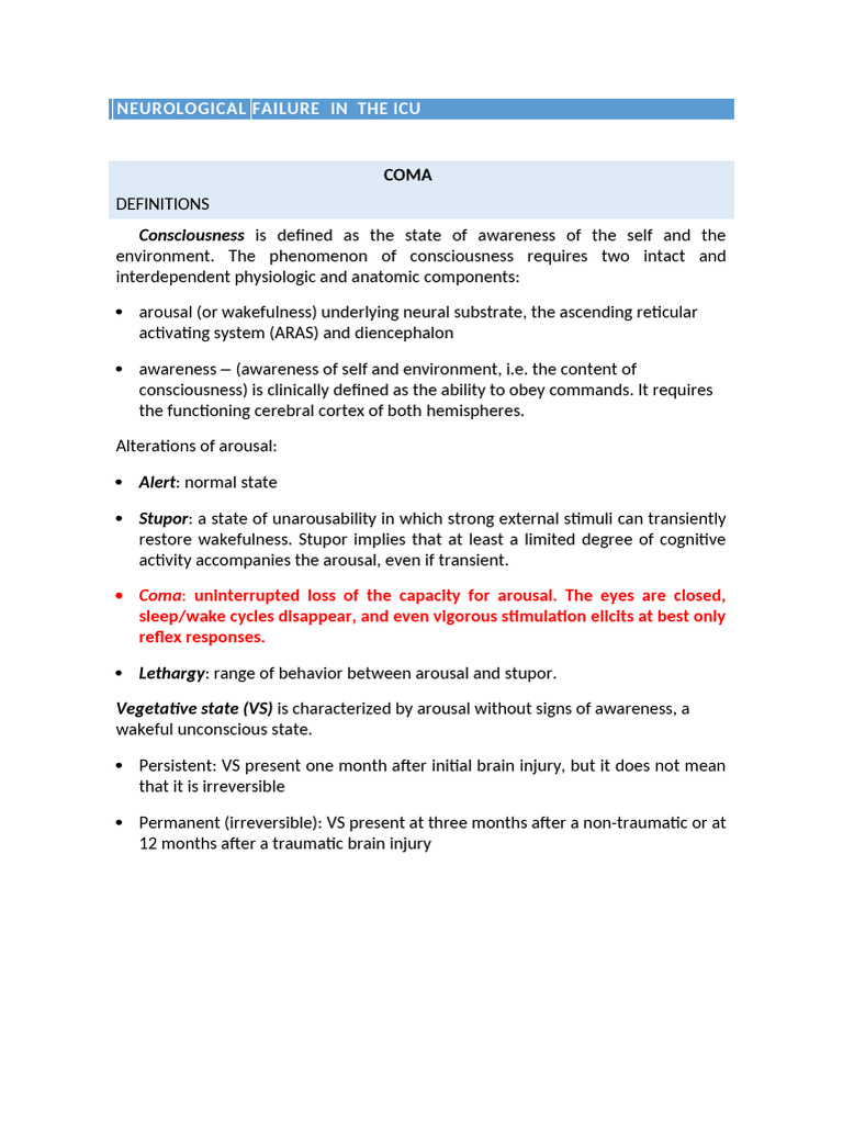 ICU Neurological Failure Overview | PDF | Coma | Medical Specialties