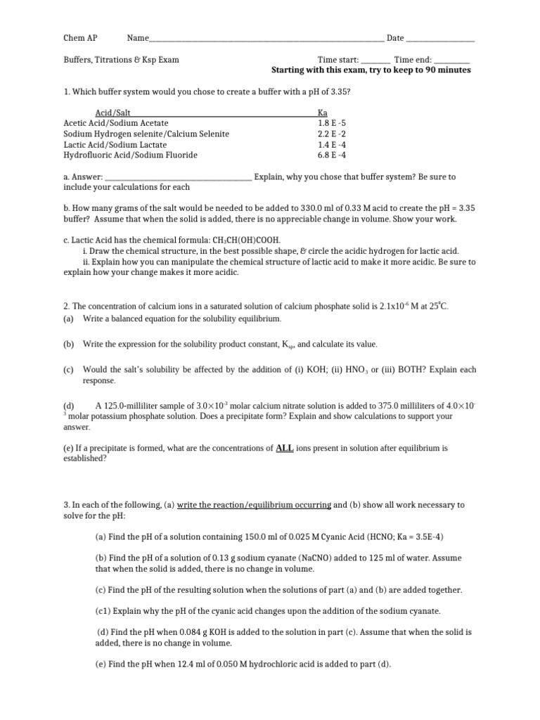 Chemistry Exam: Buffers and Titrations | PDF | Acid | Buffer Solution