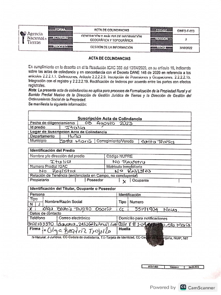 Ginfo F 003 Forma Acta de Colindancia | PDF