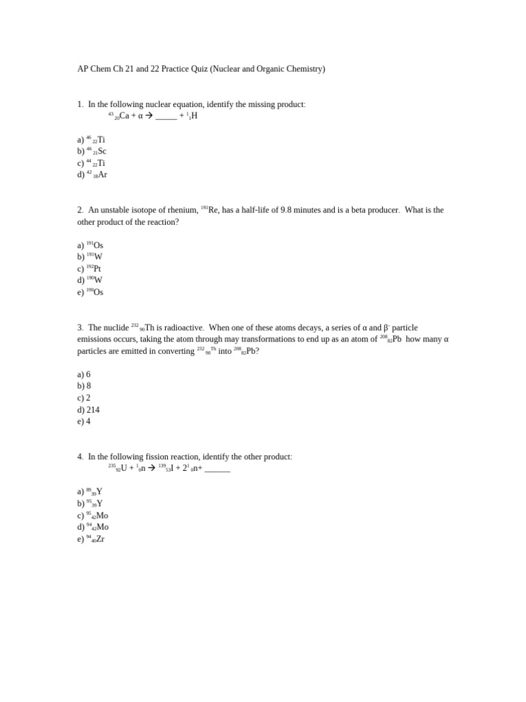 AP Chemistry Practice Quiz: Nuclear & Organic | PDF | Radioactive Decay ...