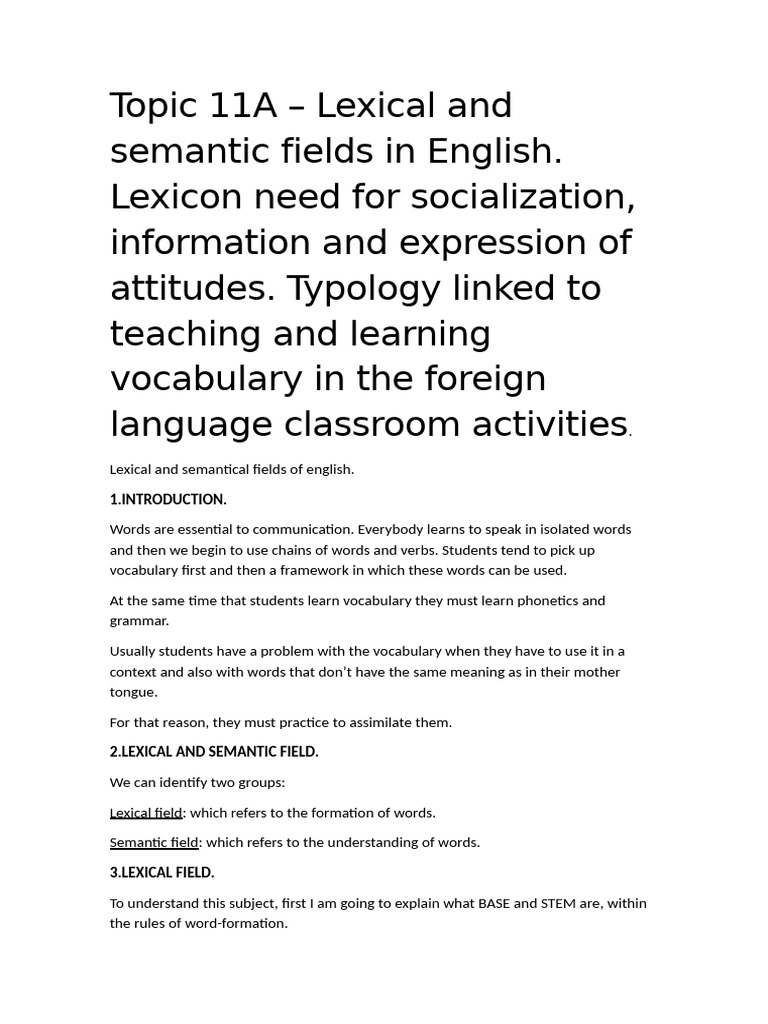 Topic 11A - Lexical and Semantic Fields in English | PDF | Lexicon | Word