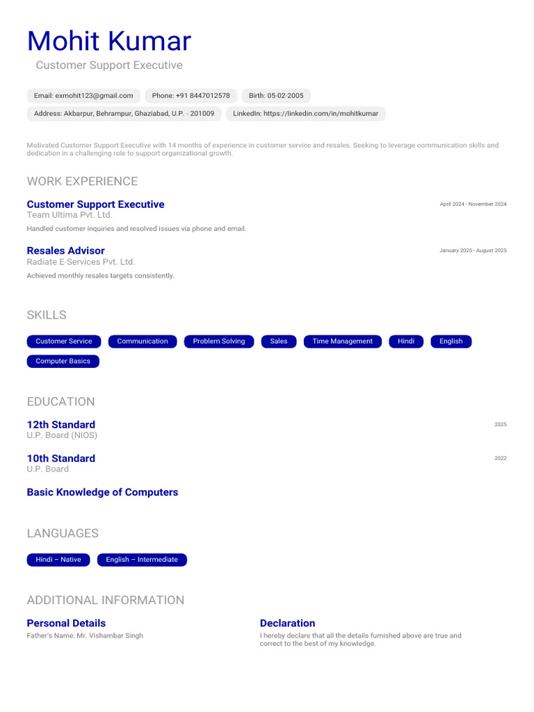 Mohit Kumar: Work Experience | PDF