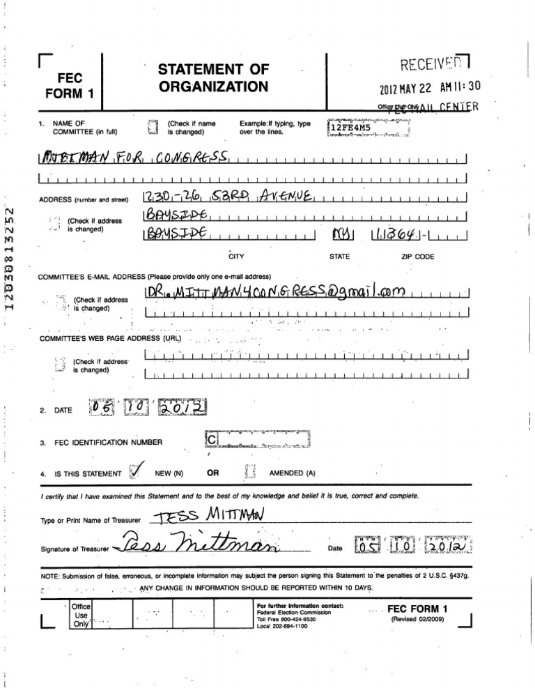 FEC Form 1: Committee Organization Statement | PDF