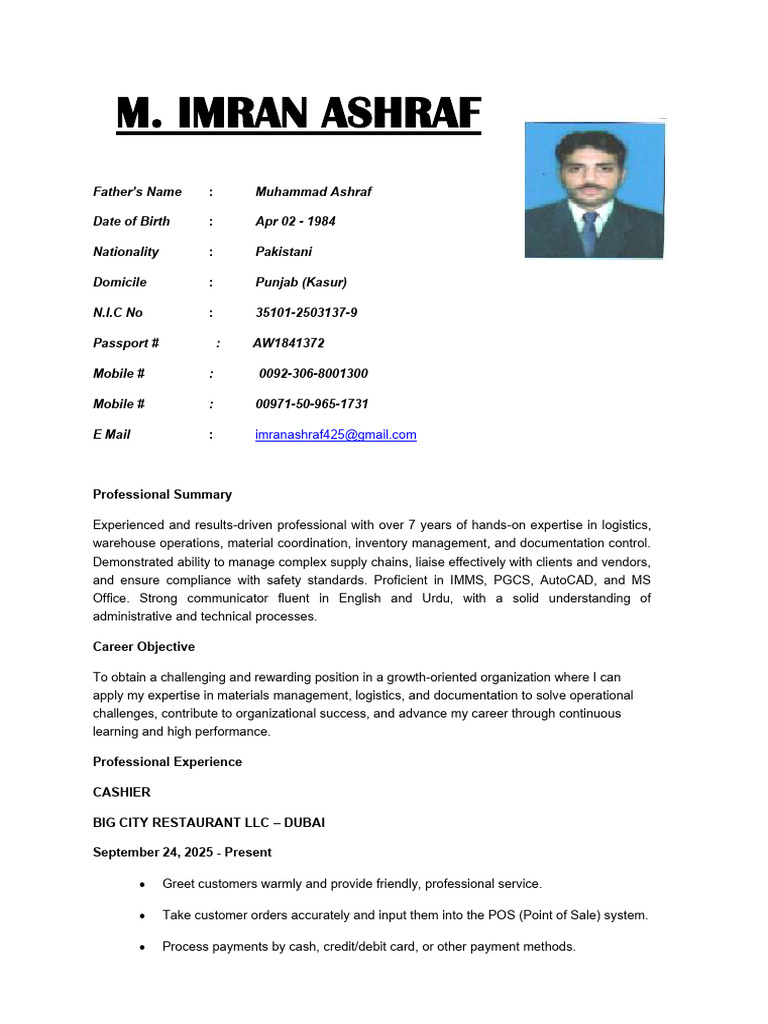 Logistics and Warehouse Professional CV | PDF | Point Of Sale | Logistics