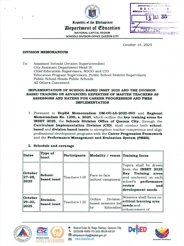 Implementation of School Based Inset 2025 and the Division Based ...